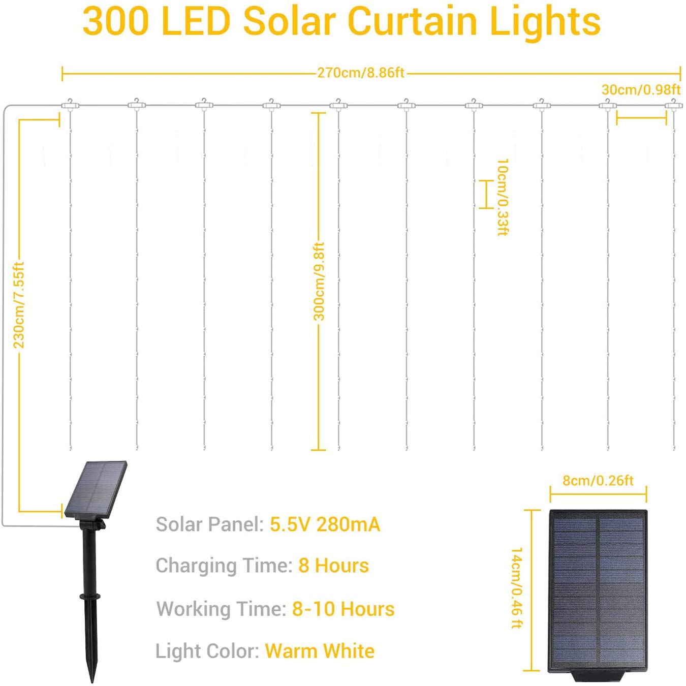 Solar String Lights Twinkle 300 LED Window Curtain String Light Solar Powered 8 Modes Fairy Lights for Wedding Party Home Garden Bedroom Outdoor Indoor Wall Decorations, Warm White
