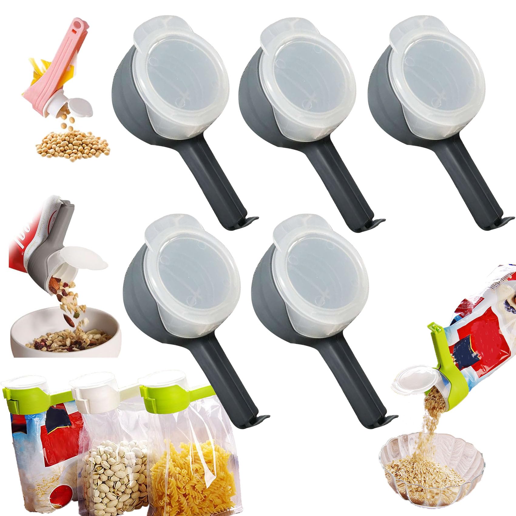Food Clip Set,Snack Clips That Pour,Food Storage Sealing Clips with Pouring Spouts, Bag Clip Pour Spout,Reusable Plastic Cap Sealer Clips,Durable Plastic Clips (dark gray)