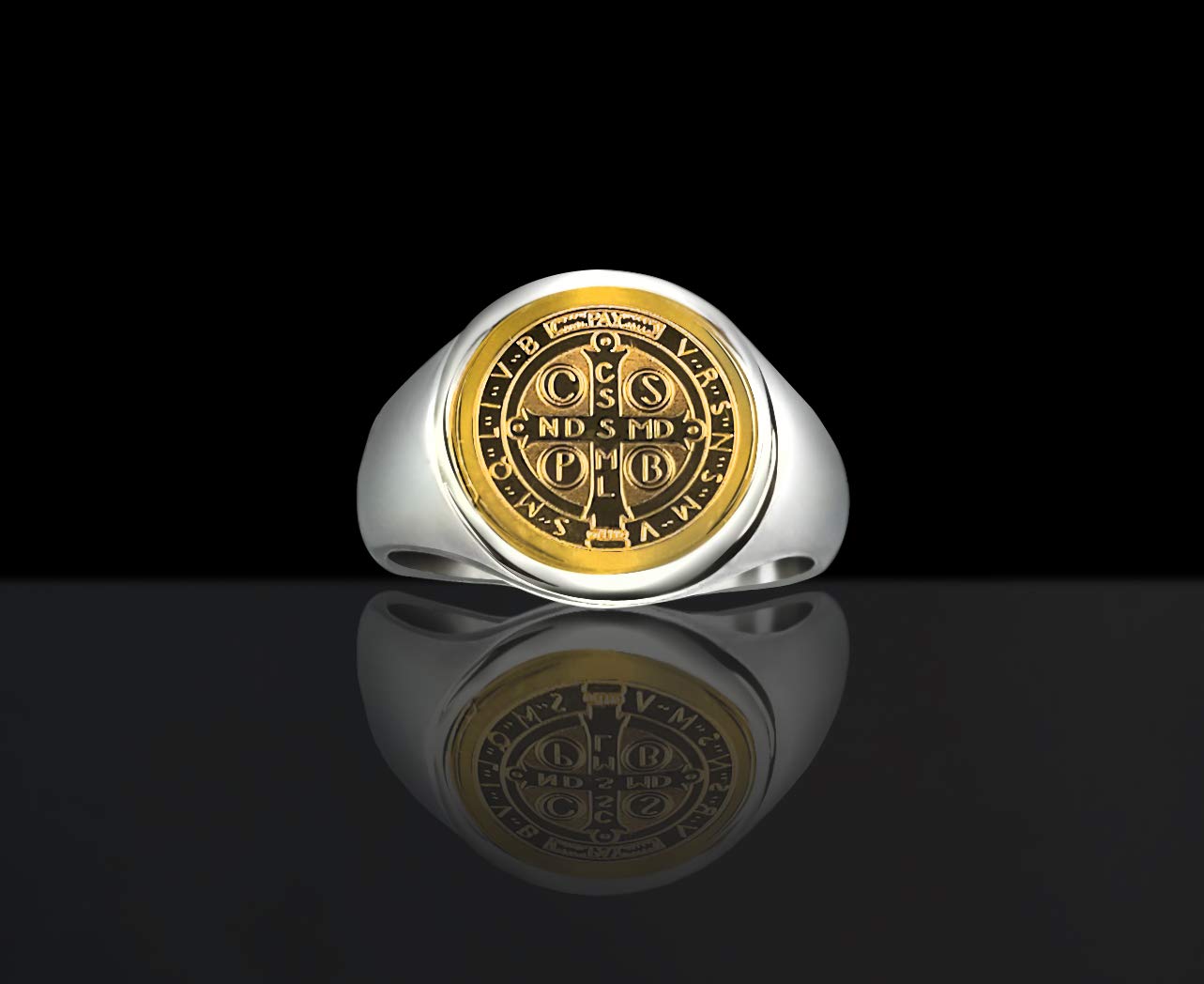Catholic Unisex Gold Saint Benedict Ring Stainless Steel Catholic St Benedict Ring-St Benedict Holy Prayer Card Included (Gold) (6)