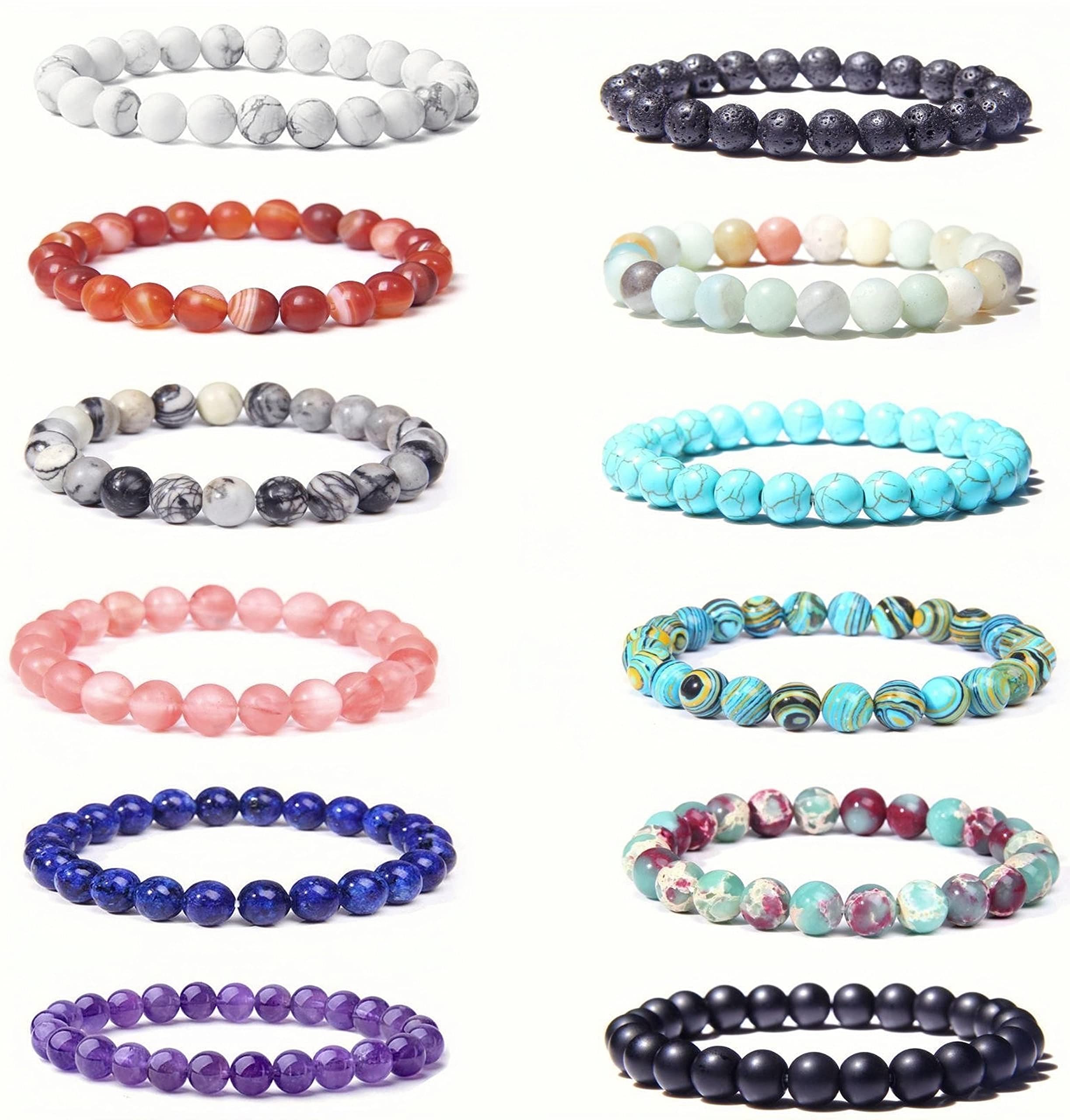 Bulerrylulu 12 Pcs 8mm Gemstones Beaded Bracelets for Women Men Stone Healing turquoise Stretch Bracelet Round Crystal Semi-Precious stack Bracelets Sets Unisex