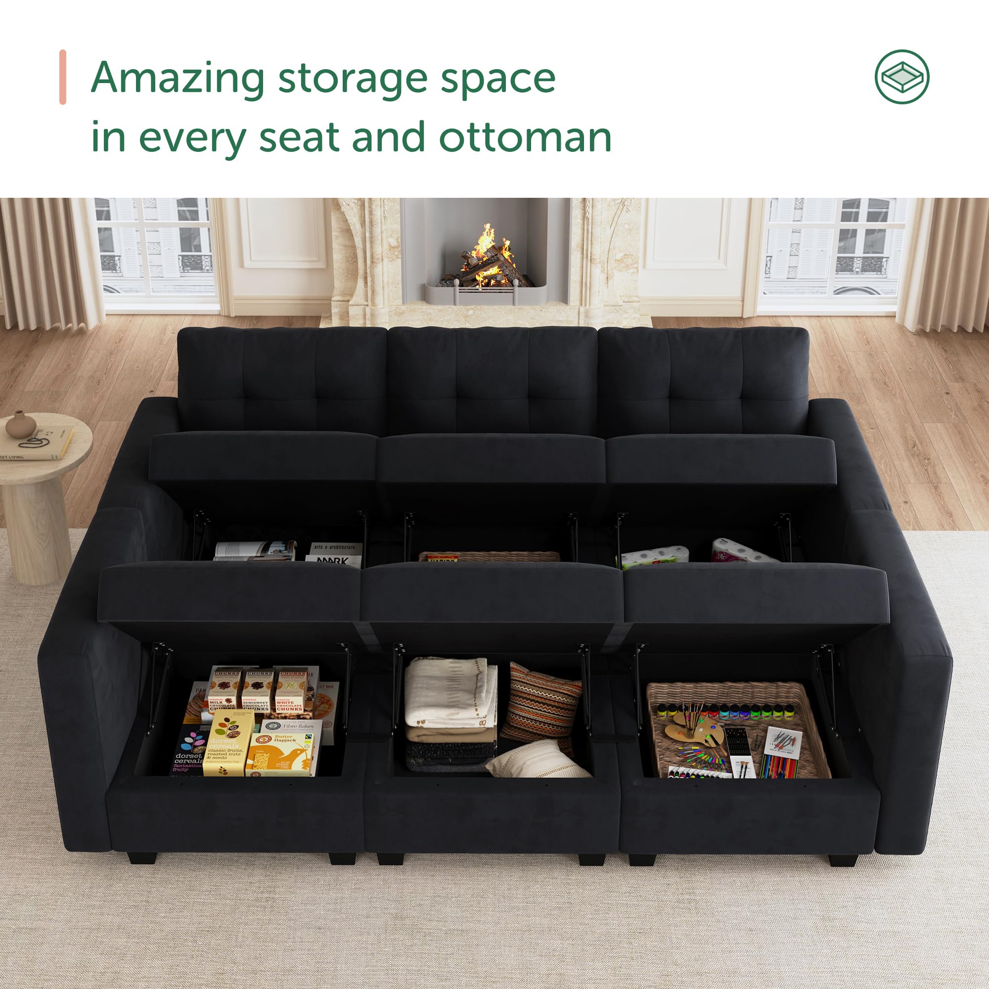 HONBAY Modular Sectional Sleeper Sofa with Storage, Large Sectional Couch Faux Leather, 8 Seat Sofa Bed Sectionals for Living Room Leather, Brown