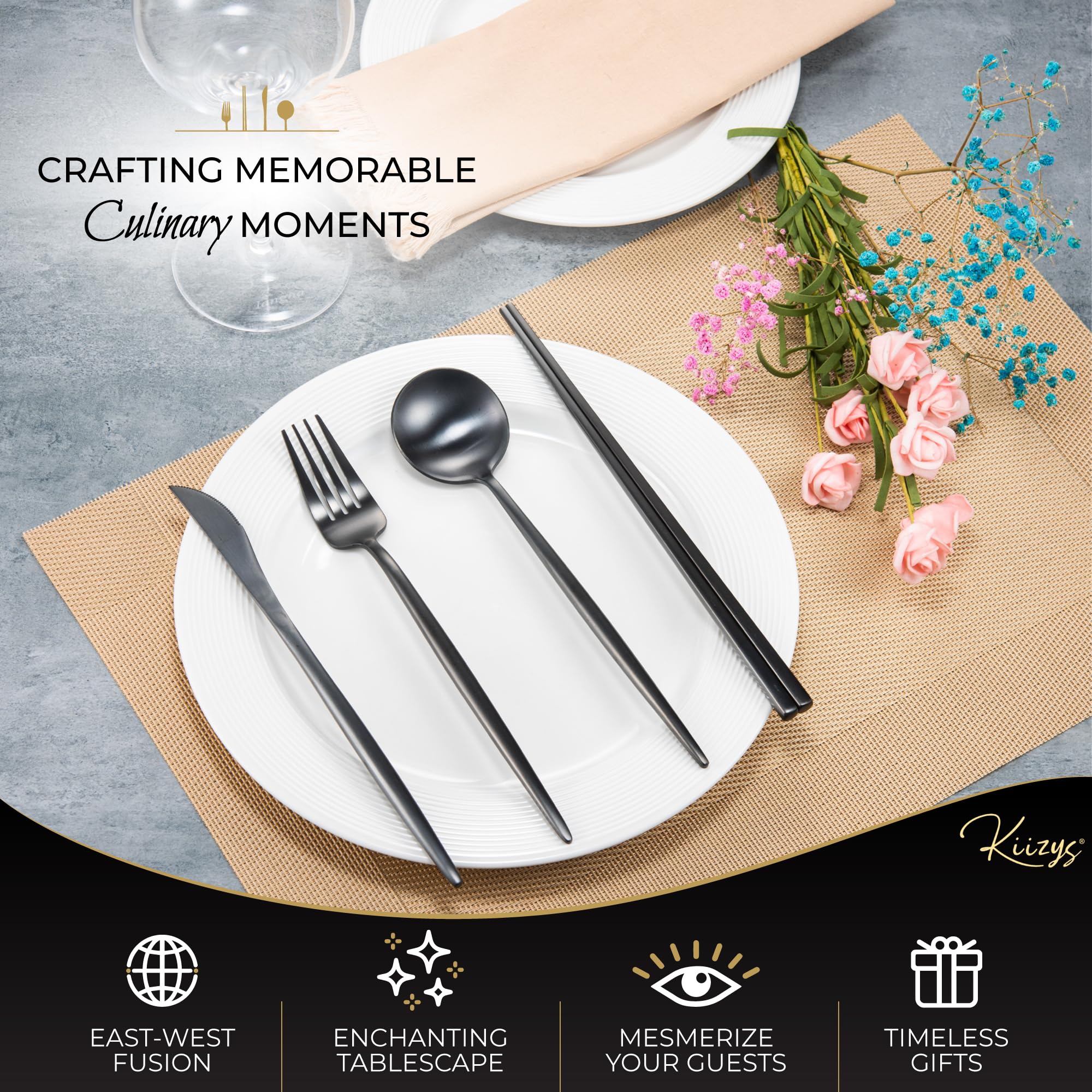 KiiZYs Matte Black Silverware Set - 8-piece Modern Flatware Stainless Steel Chopsticks β Kitchen Utensils Gifts for Couples - Cutlery Spoon Fork Knife Dishwasher Safe New Home (Black, Service for 2)
