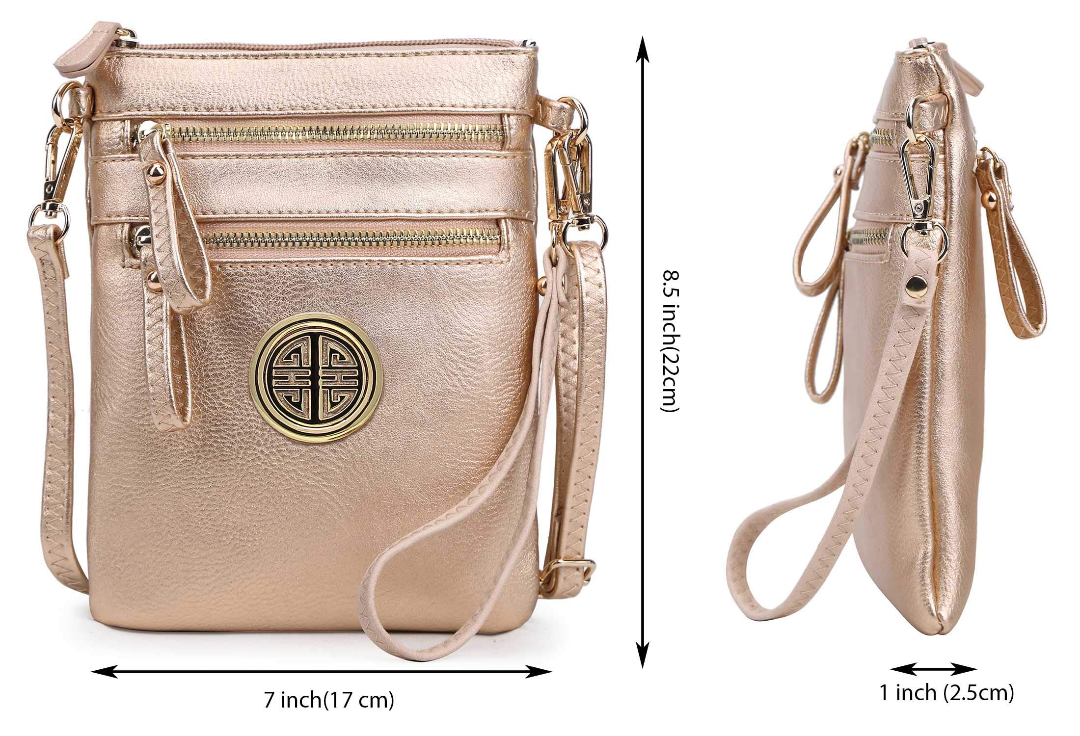 Solene Women's Faux Leather Organizer Multi Zipper Pockets With Detachable Wristlet Crossbody Bag -WU002L (Rose Gold-1)