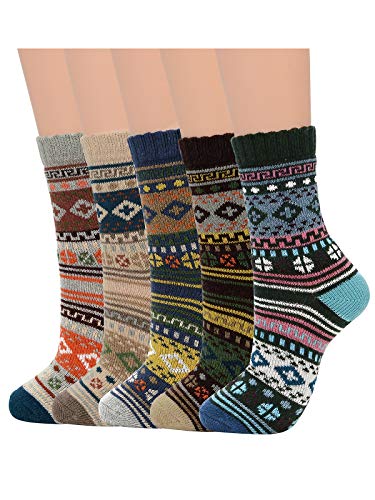 Century Star Mens Athletic Socks Warm Socks Cozy Wool Socks Hiking Trekking Crew Socks For Christmas 5 Pairs Multi Color One Size