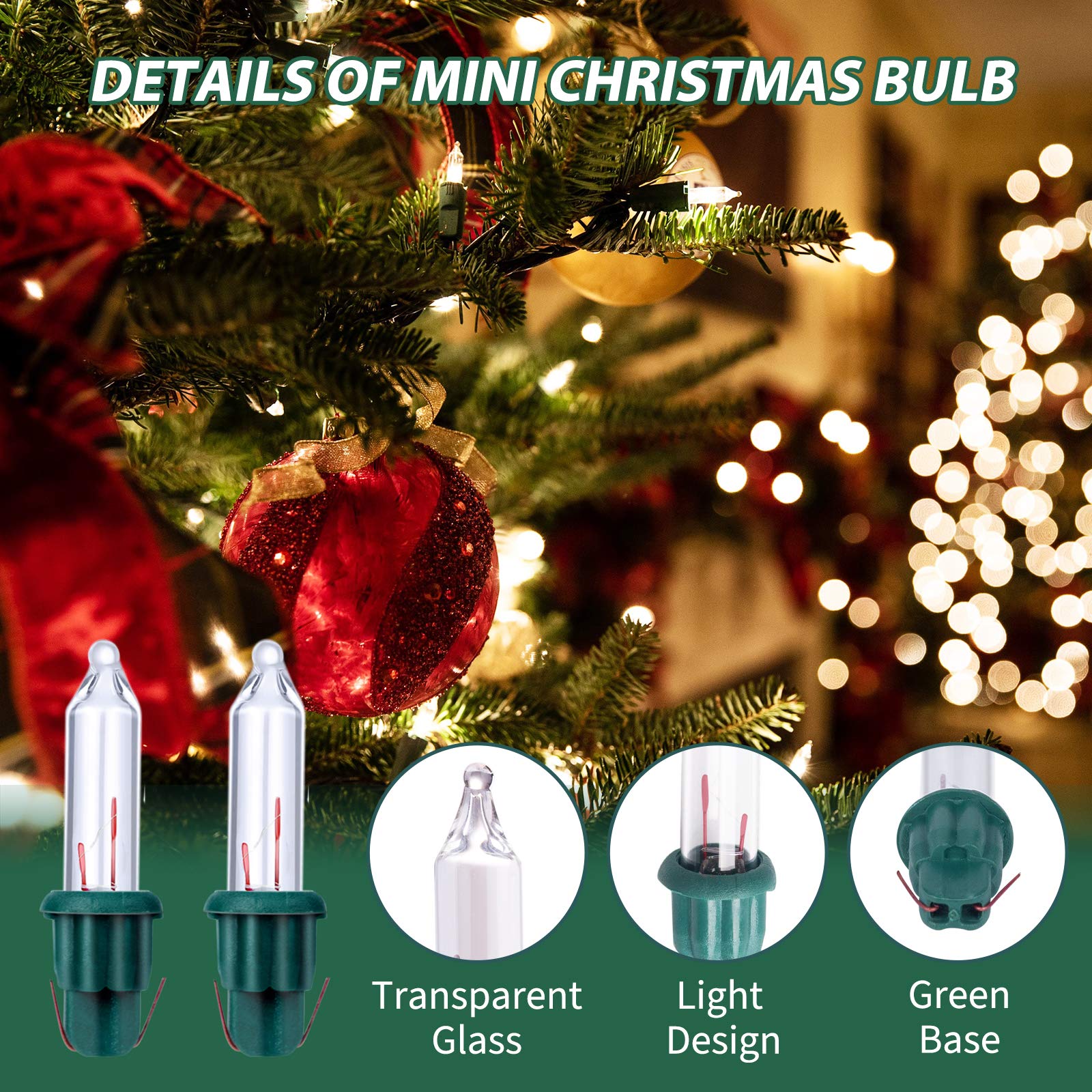 Brightown Christmas Lights Replacement Mini Bulbs 2.5 Volt 200 Count Glass Incandescent Green Base for Xmas String Lights Outdoor Indoor Holiday Party Decor, Warm White
