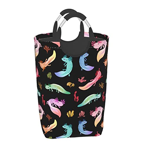 Foldable Square Laundry Hamper Colorful Axolotl Portable Folding Washing Bin Waterproof Collapsible Laundry Bag 50L Large Clothes Storage Basket with Handles for Home Bedroom