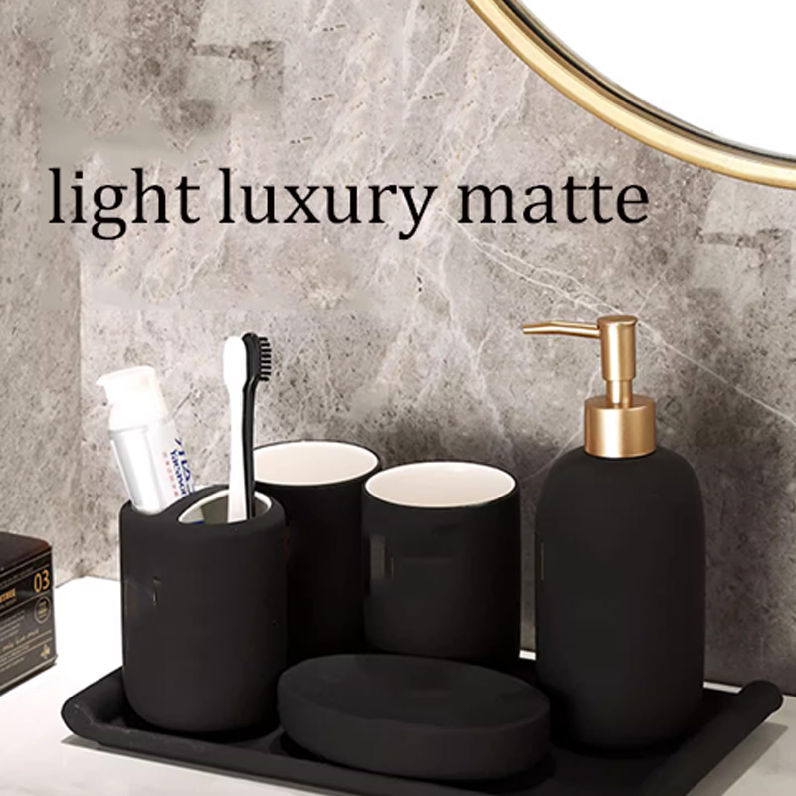 Ceramic Soap Dispenser Light Luxury Hand Sanitizer Nordic Wash Set Equipped with Tray for Neat Storage and Matte Texture
