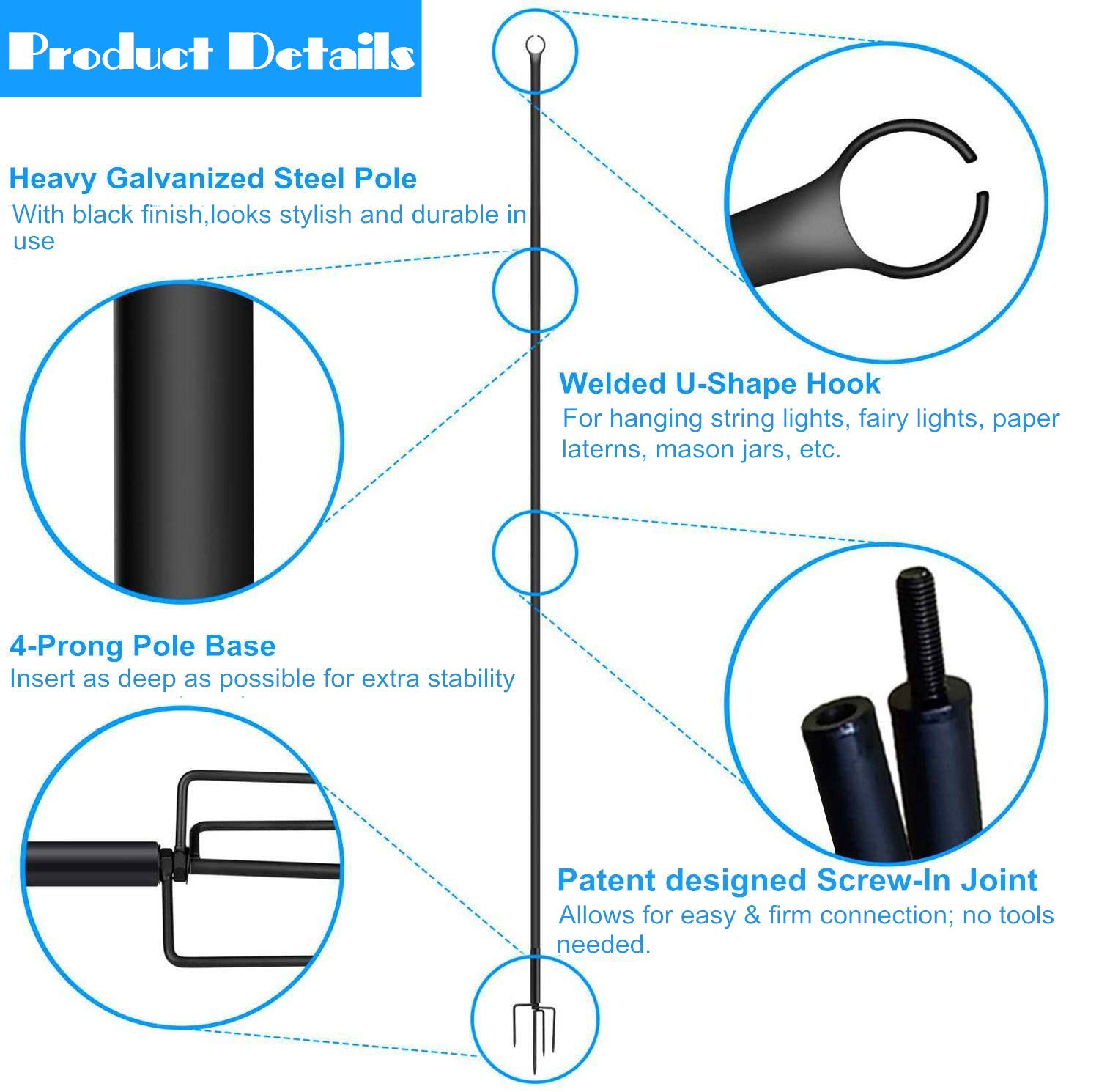 BRILLIHOOD 2 Pack of Outside String Light Pole, 9ft Sturdy 4-Prong Fork Pole Stand for Hanging LED Solar Bulbs for Patio, Backyard, Courtyard, Garden, Christmas, Café Wedding Light Décor