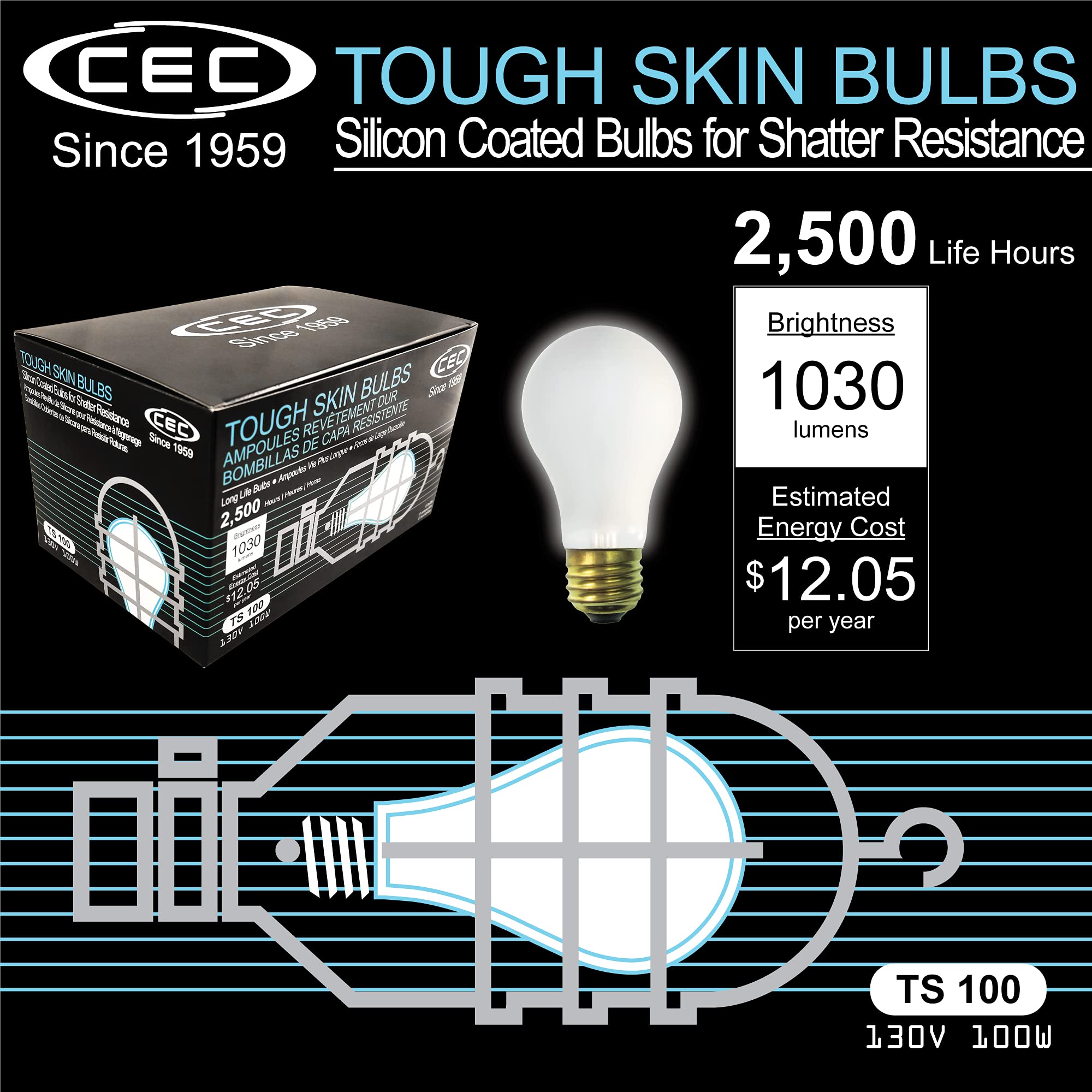 CEC Industries TS100 A19 Frosted Incandescent Replacement Edison Bulb, Silicone-coated, 130V, 100W, E26 Medium Screw Base, Soft White (6-Pack)