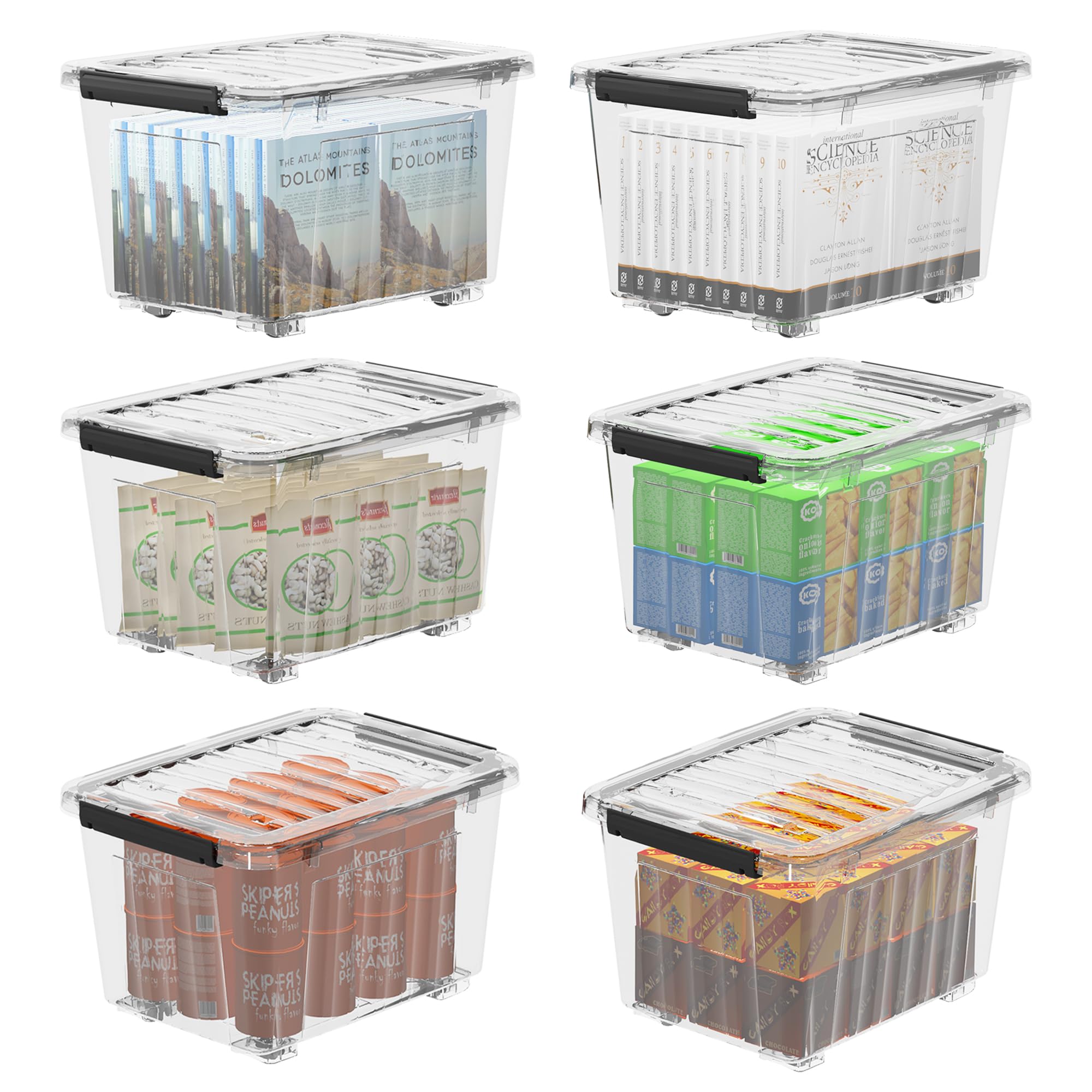 Cetomo 60Qt*6 Plastic Storage Bins, Storage Box, 6 Pack, Organizing Container with Wheels, Durable Lid and Secure Clips, Stackable and Nestable, Clear with Black Buckle