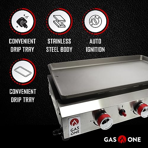 Gas One Flat Top Grill with 3 Burners β Auto Ignition Propane Portable Gas Grill β Premium Stainless Steel Body Tabletop Grill with Pre Season Griddle β Convenient Drip Tray β Ideal for RV, Camping