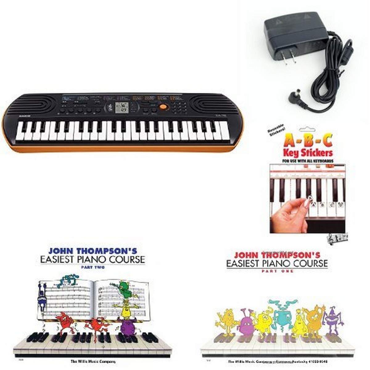 Casio SA76 44 Keys 100 Tones Keyboard bundle with Casio Power Supply, Three Part John Thompson's Easiest Piano Course and ABC Keyboard Stickers