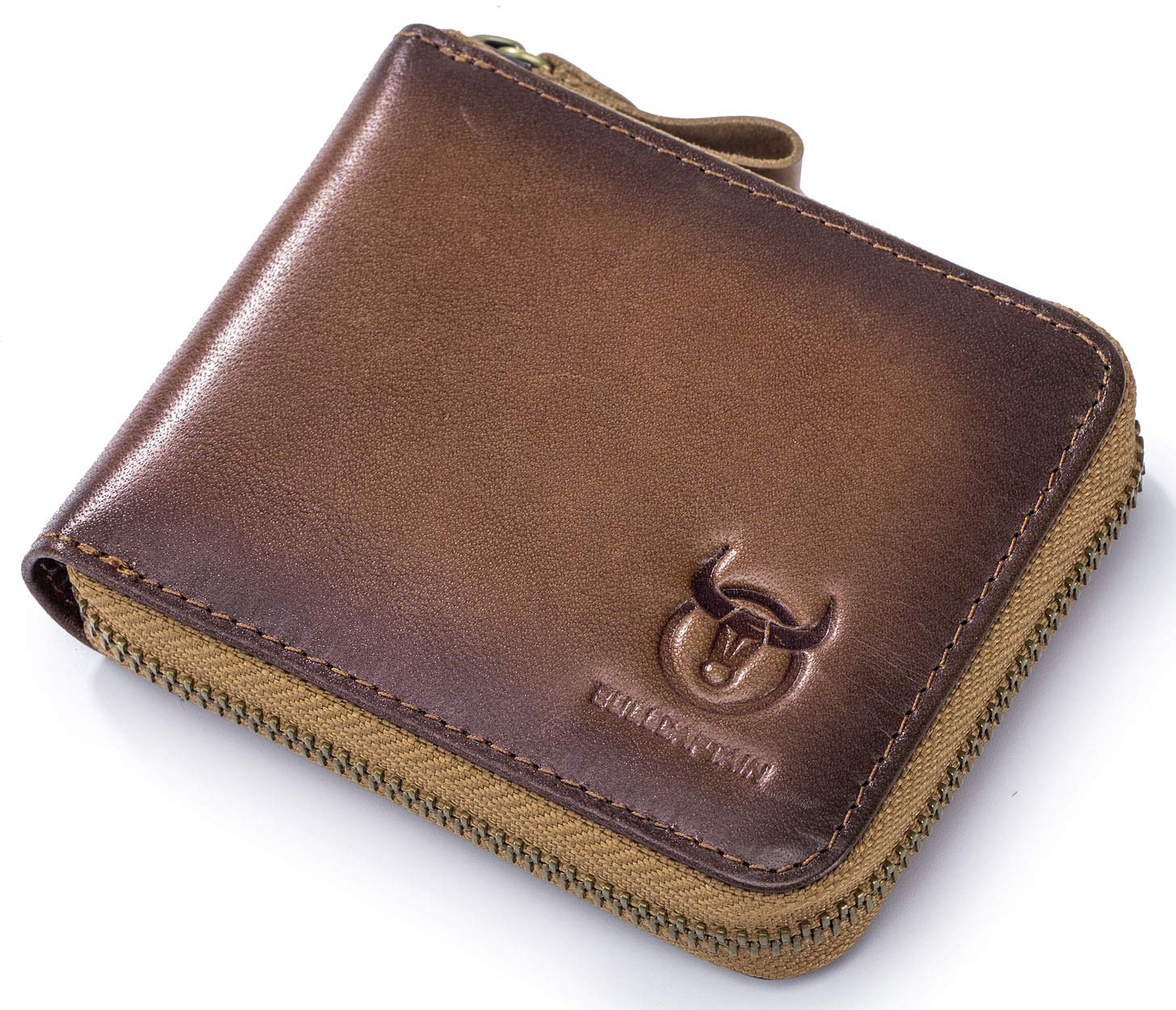 BULLCAPTAIN Mens Genuine Leather Zipper Wallet RFID Blocking Bifold Secure Zip Around Wallets Multi Credit Card Holder Purse (Handmade brown)