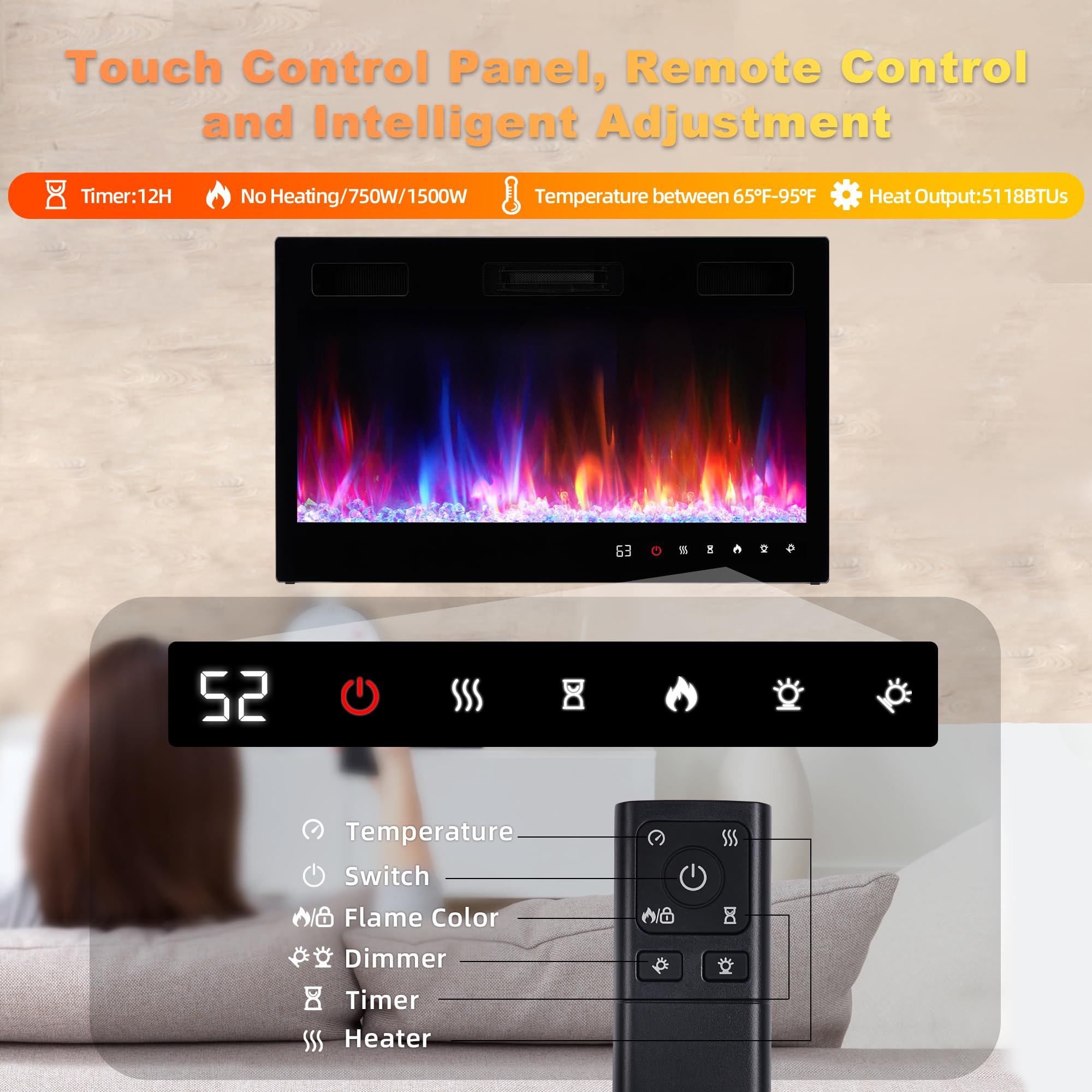 Electric Fireplace 36 Inch Insert Realsmart Recessed 750 1500 W High Screen Slim Wall Mountedle Fireplace Low Noise Overheat Protection Remote Control with Heater Timer Flame Color Sala Modernos (36β)