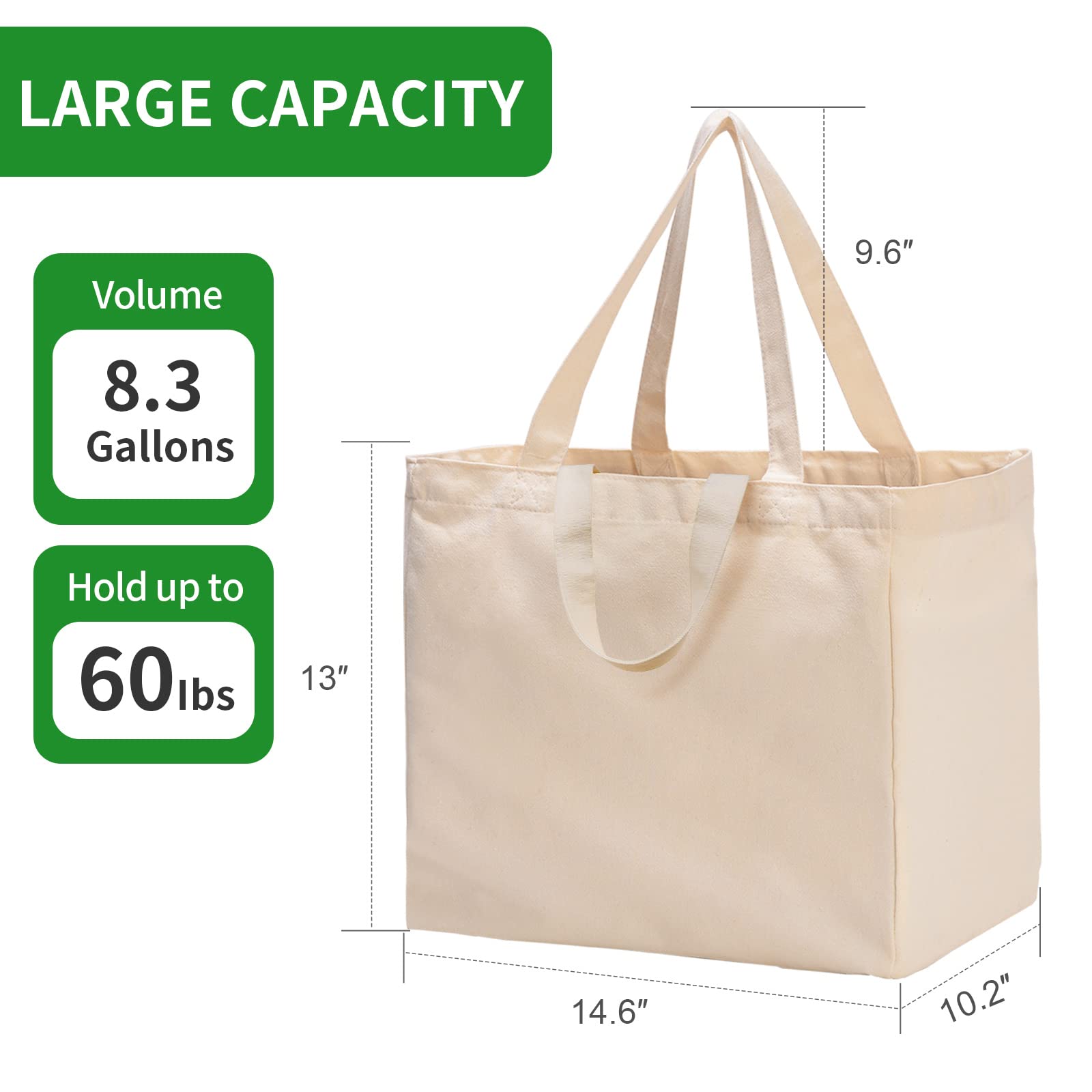 CNaiyunpin Canvas Grocery Bag 3pc XL Set with Real Pockets, Long Shoulder Strap and Short Handle, Canvas Tote Bags Heavy Duty, Foldable, Washable