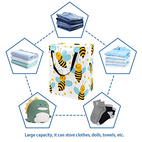 Flying Bee and Yellow Dots Print Collapsible Laundry Hamper, 60L Waterproof Laundry Baskets Washing Bin Clothes Toys Storage for Dorm Bathroom Bedroom