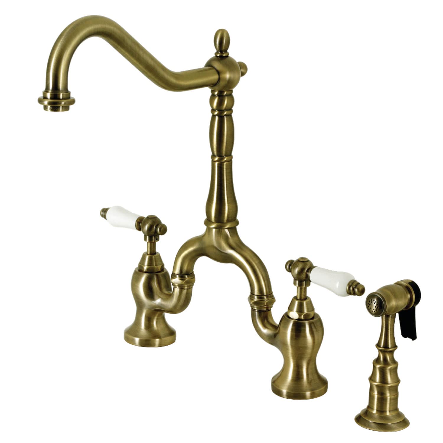 Kingston Brass KS7753PLBS English Country Bridge Kitchen Faucet, Antique Brass