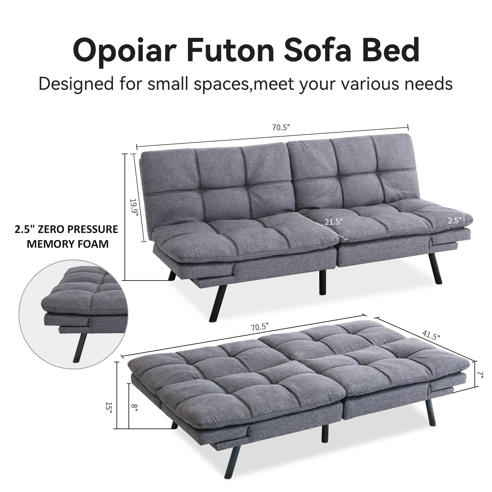 Hcore Convertible Futon Bed,Gray Fabric Memory Foam Loveseat Sofas, Pure Grey