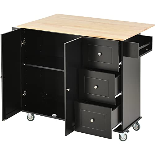 OPTOUGH Rolling Mobile Kitchen Island with Locking Wheels,Storage Cabinet and Drop Leaf Breakfast Bar, Kitchen Cart for Home w/Spice Rack,Towel Rack & Drawer,Black