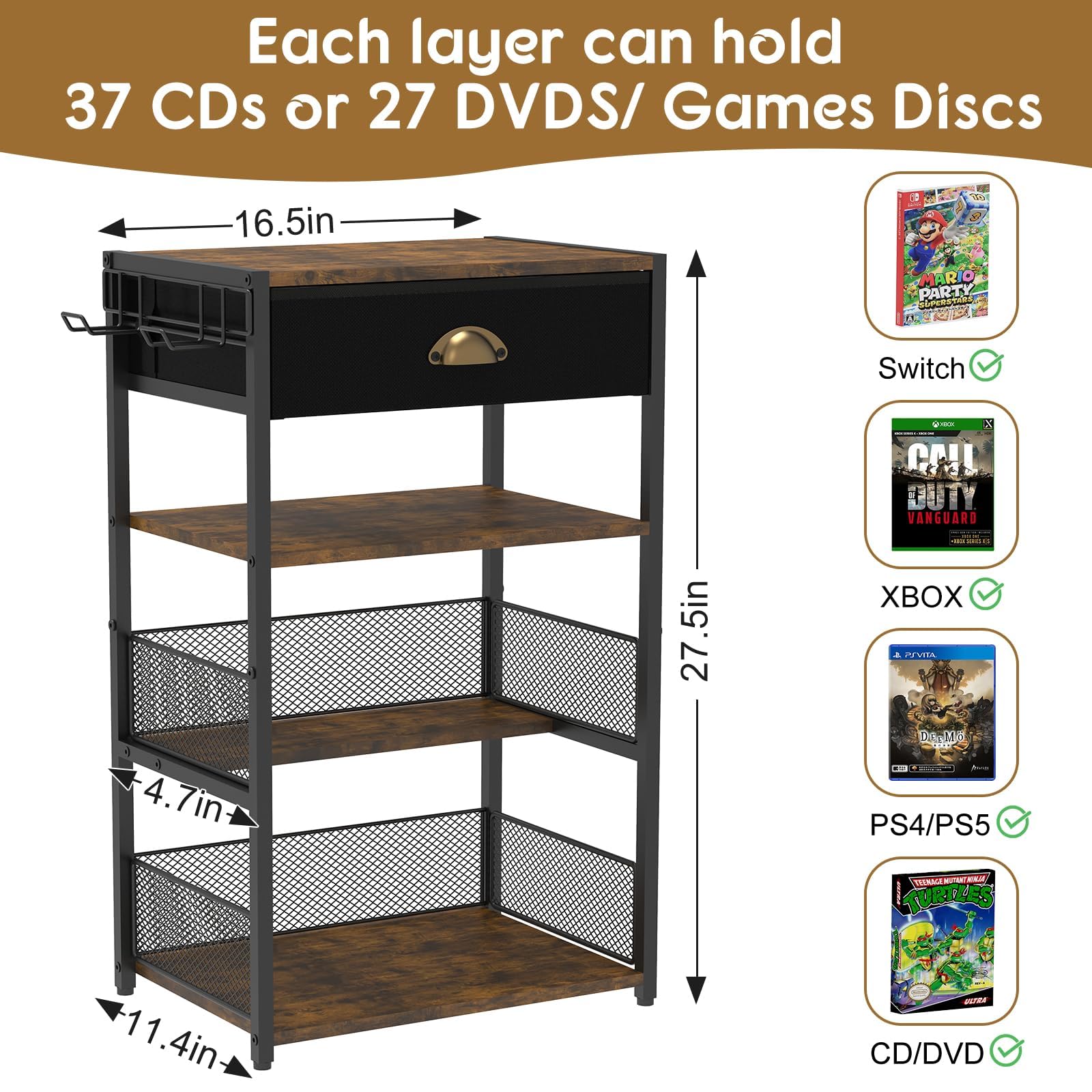 Hongtamoya 4-Tier AV Media Stand with Drawer, Video Game Console Shelf with 2 Hooks, Audio Rack Tower Perfect for/Xbox/ PS5/Switch/Game Consoles/DVD/Record Player/Projector/Sky Box/TV Accessories
