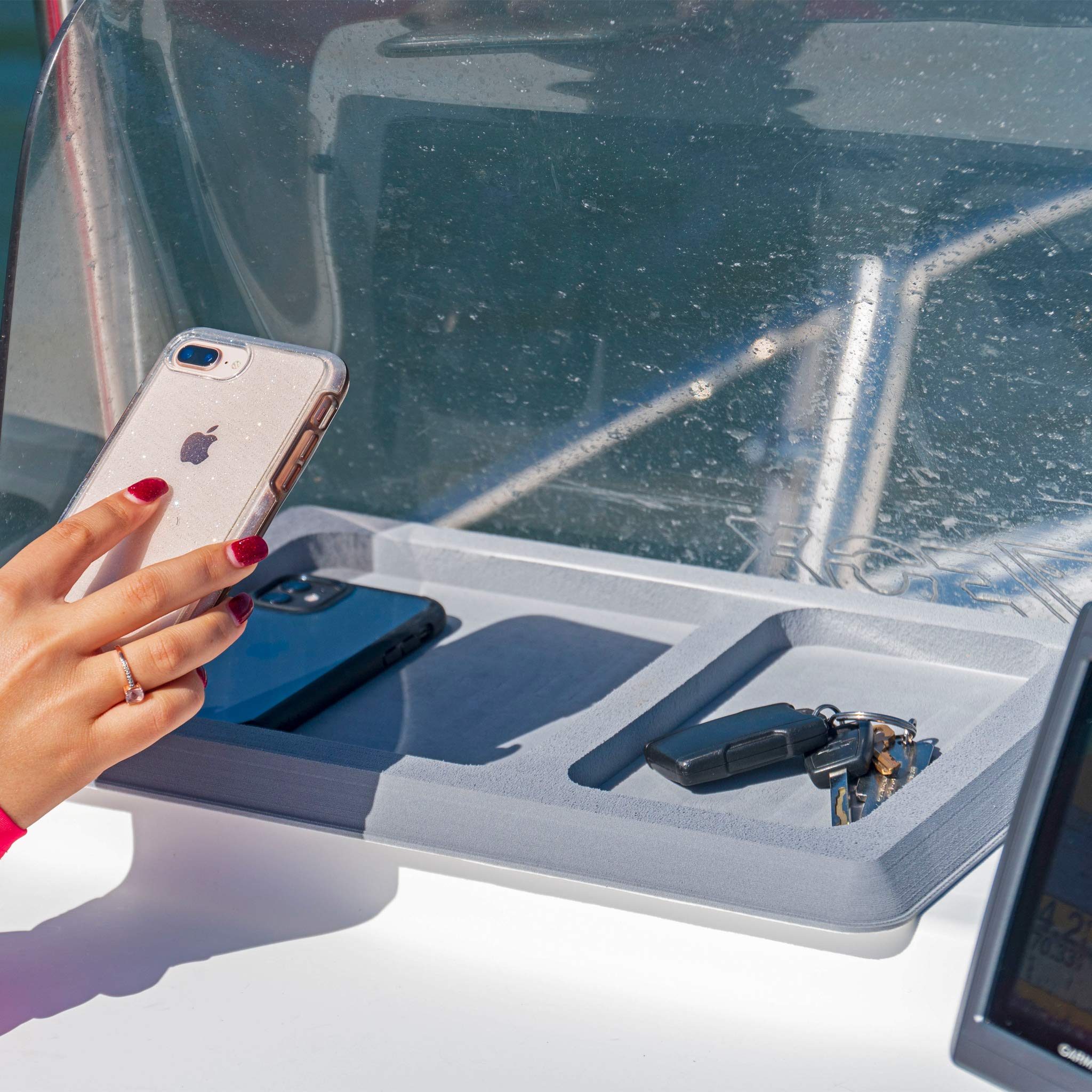 Castaway Customs SeaDek Foam | Cell Phone & Accessories Boat Dash Holder | 3M Adhesive Backing | Separate Compartments for Cell Phones & Fishing/Boating Tools | Durable Accessory Holder | Storm Gray