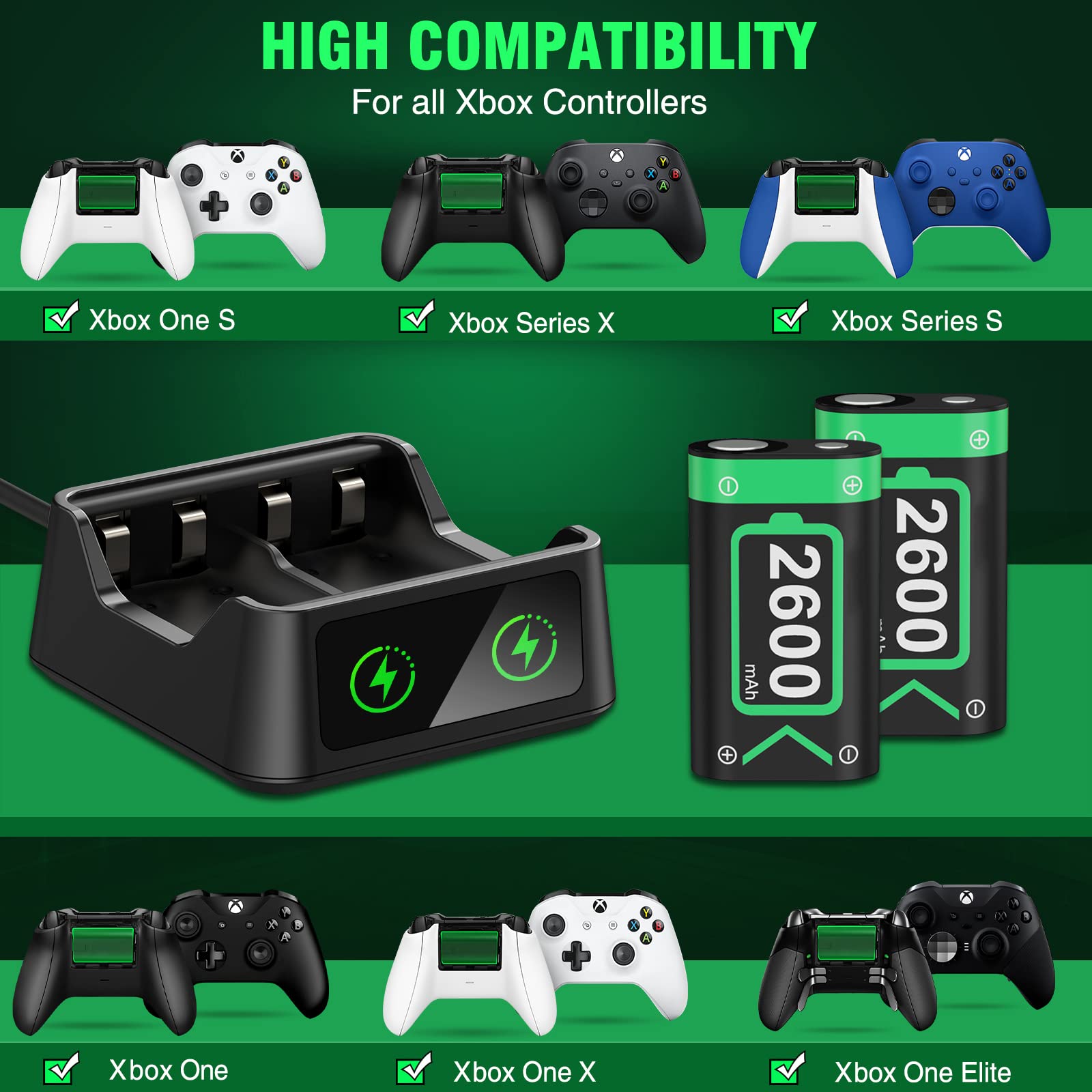 Charger with Xbox One Controller Battery Pack, 2x2600 mAh Rechargeable Battery Pack for Xbox Series X|S/Xbox One/Xbox One S/X/Elite Controllers, Charger Station for Xbox One Rechargeable Battery Pack