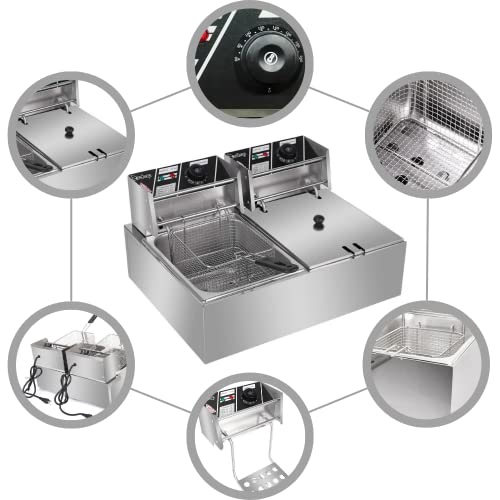 Winado 12.7QT Capacity Electric Deep Fryer with Baskets & Lids, 12L Countertop Stainless Steel Dual Tank Temperature Control Frying Machine, for Home & Commercial 5000W 60Hz 110V