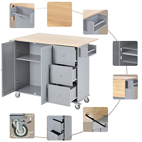 OPTOUGH Rolling Mobile Kitchen Island with Locking Wheels,Storage Cabinet and Drop Leaf Breakfast Bar, Kitchen Cart for Home w/Spice Rack,Towel Rack & Drawer,Grey Blue