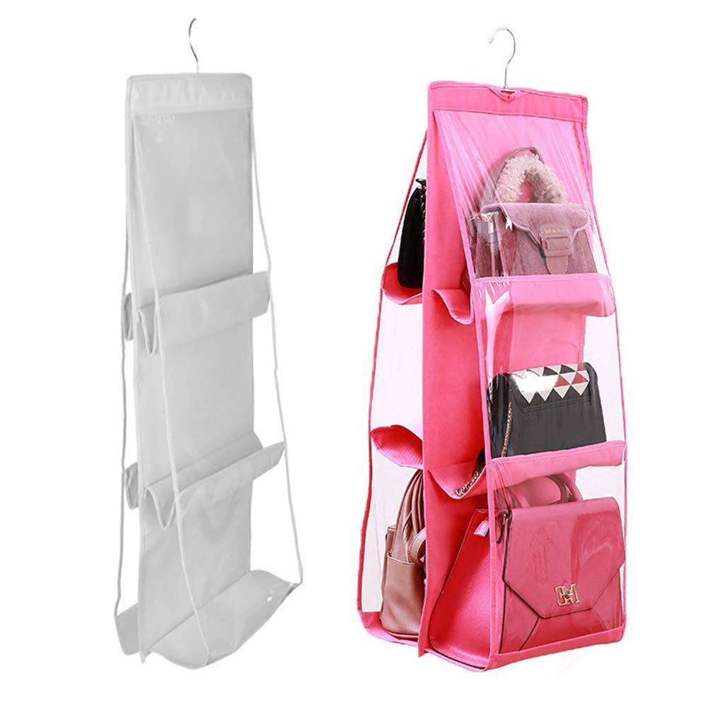 Luck Dawn Hanging Handbag Purse Organizer - Transparent Dust-Proof Wardrobe Closet Storage Bag for Clutch with 6 Larger Pockets (Pink)