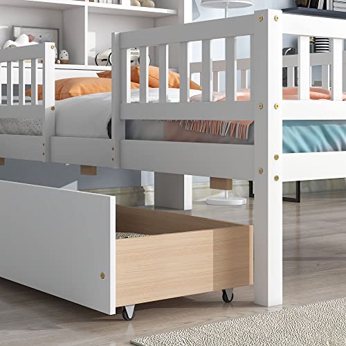 OPTOUGH Twin Size House-Shaped Storage Headboard Bed,Wooden Bedframe with Full Length Fence Guardrails and Drawers for Kids Teens,No Spring Box Needed,White