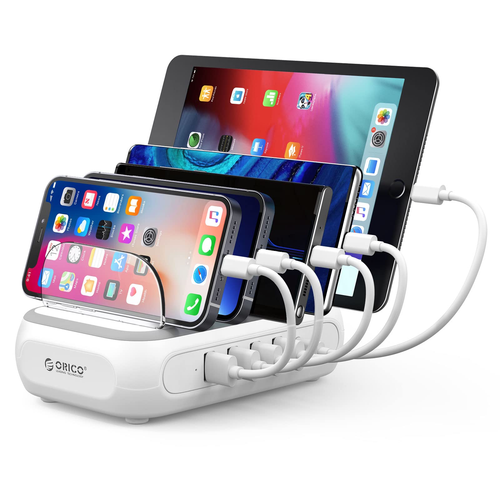 Charging Station for Multiple Devices, ORICO 5 USB Port 50W Fast Charging Dock PD 20W USB C Charger Station with Detachable Dividers,Compatible with iPhone,iPad,Samsung,Android and Tablet (White)