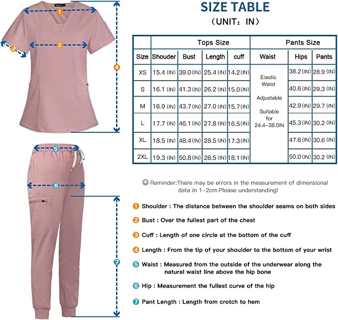 niaahinn Scrub Suit Set for Women Modern V-neck + Leg Drawstring Jogger Pants Medical Nursing Uniforms Set (Pink,S)