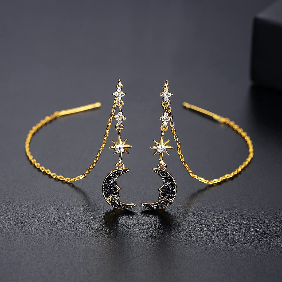 Black CZ Moon Threader Dangle Drop Earrings for Women Girls 14K Gold Plated Crystal Rhinestone Tiny Stars Ear Lines Tassel Chain Dangling Statement Earring Dainty Jewelry