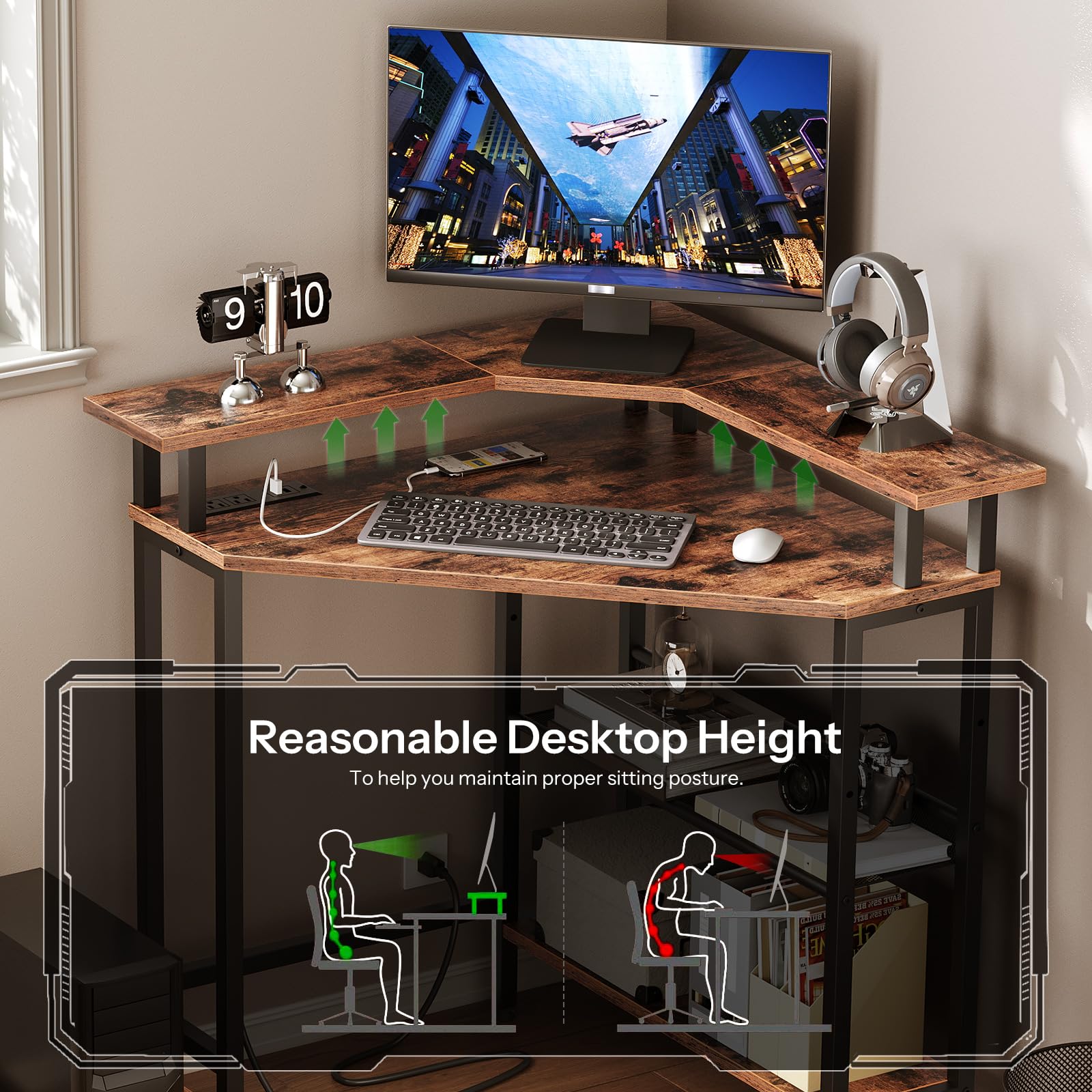 HOOBRO Corner Desk, Gaming Table with Charging Station and LED Strip, 90° Corner Computer Table, Mobile PC Holder, Adjustable Mesh Shelf, for Small Space/Home Office, Rustic Brown and Black BB70UDDN01