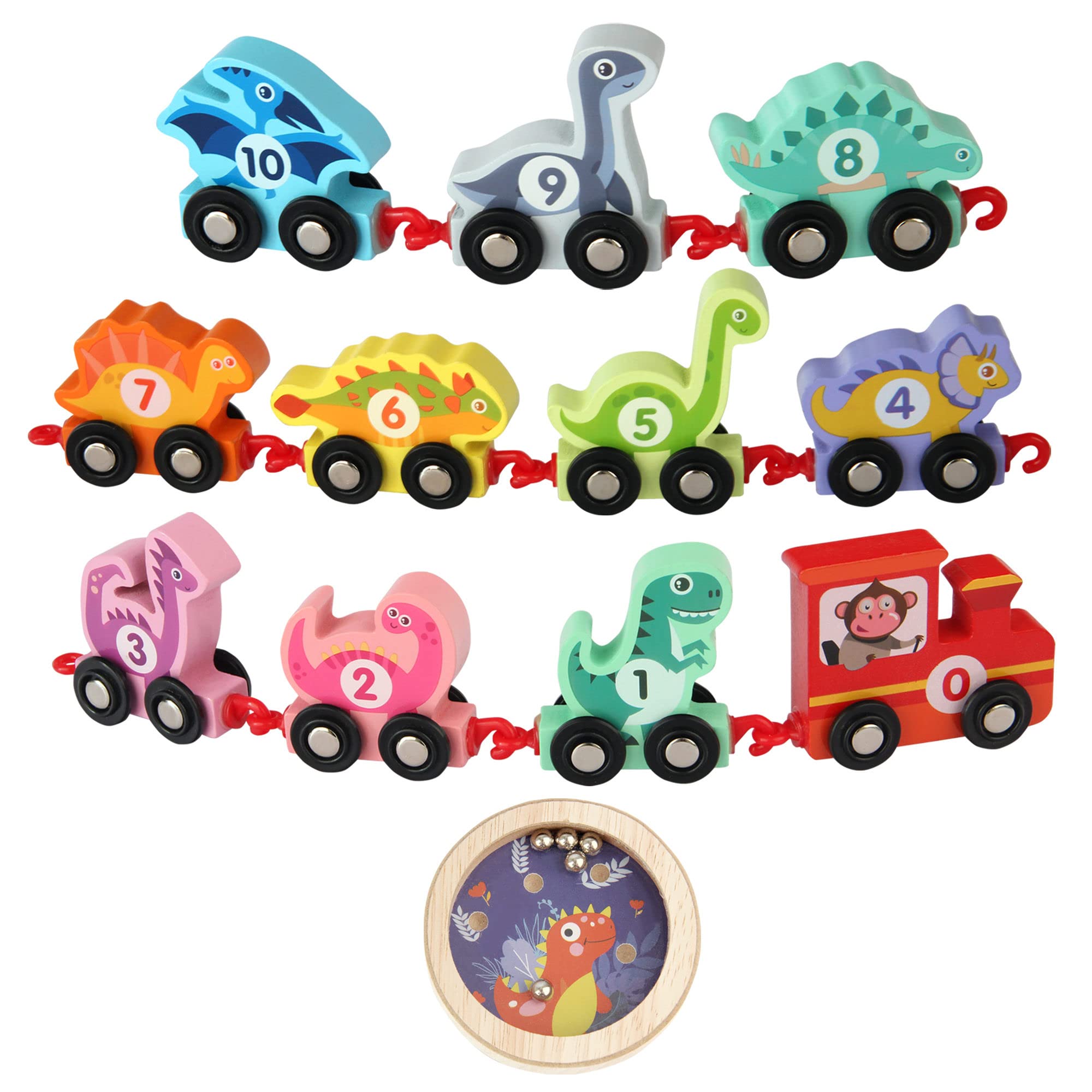 Toddler Dino Train Toys Dinosaur Number Train Set, Montessori Wooden Number Learning Cars with Handheld Balance Gift for Boys Girls, fit with Major Brands Wooden Tracks…