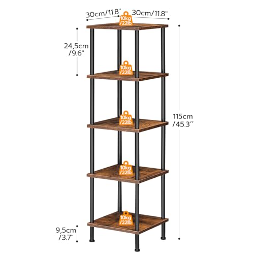 HOOBRO 5-Tier Corner Shelf Stand, Corner Square Rack Display Shelf, Tall Storage Rack Plant Stand, Corner Bookcase for Small Spaces, Living Room, Home Office, Kitchen, Rustic Brown and Black BF50CJ01