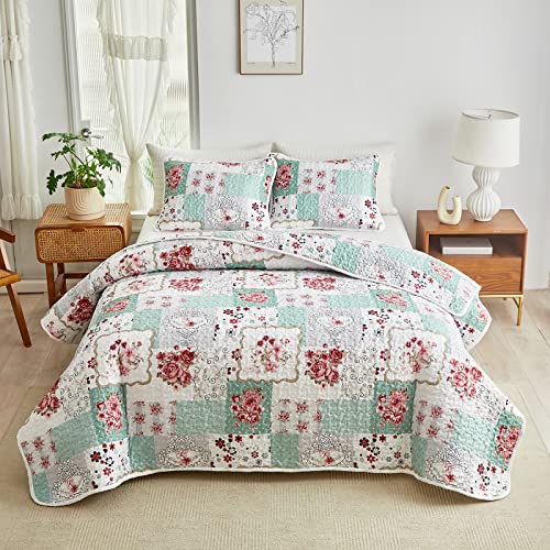 UOZZI BEDDING 3 Piece Floral Patchwork Quilt Set Queen Size White Green Lightweight Coverlet Bedspread with Red Flower Floral Plaid Patchwork Spring and Summer Quilt Set (1 Quilt+ 2 Shams)