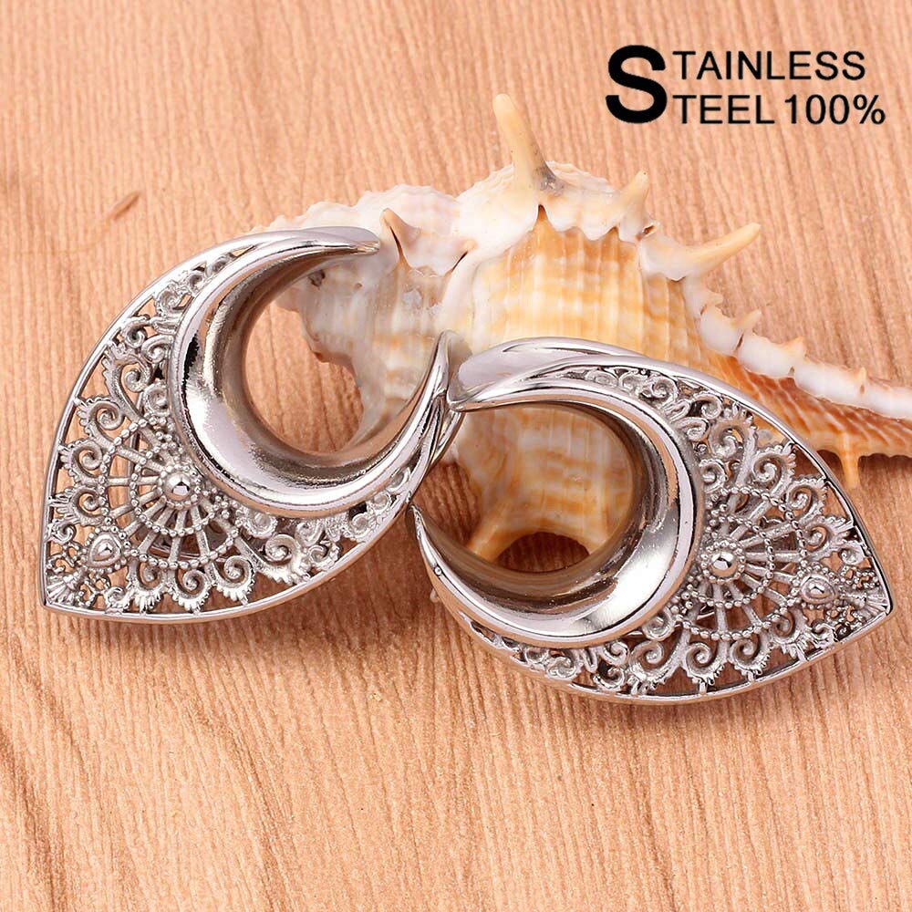 Casvort 2 PCS 10mm (00g) Hypoallergenic 316 Stainless Steel Silver Floral Saddle Hangers Tunnels Reverse Saddle Gauges Piercing Body Jewelry