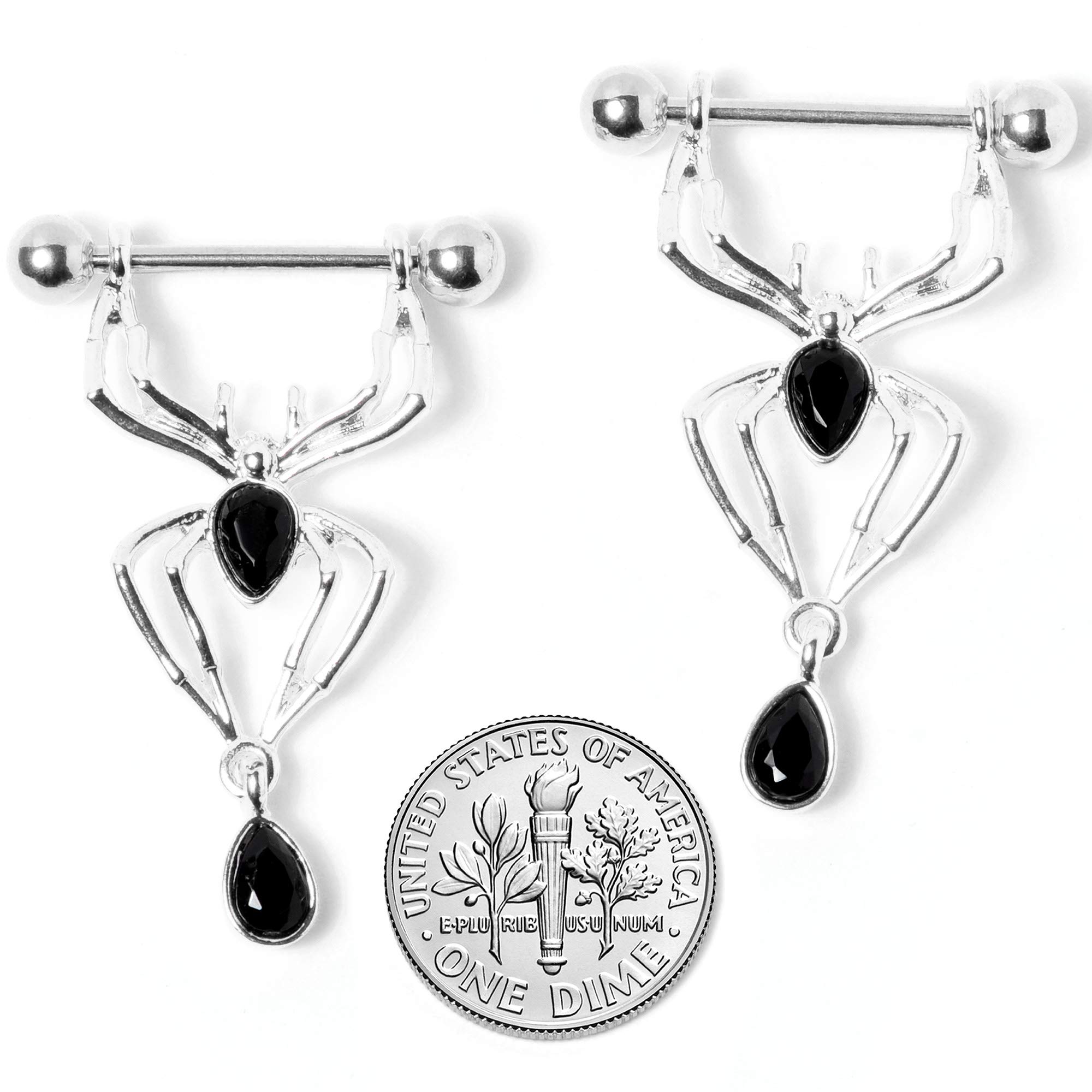 Body Candy 14G Womens Nipplerings Piercing 316L Steel 2Pc Black Accent Spider Dangle Nipple Ring Set 9/16"