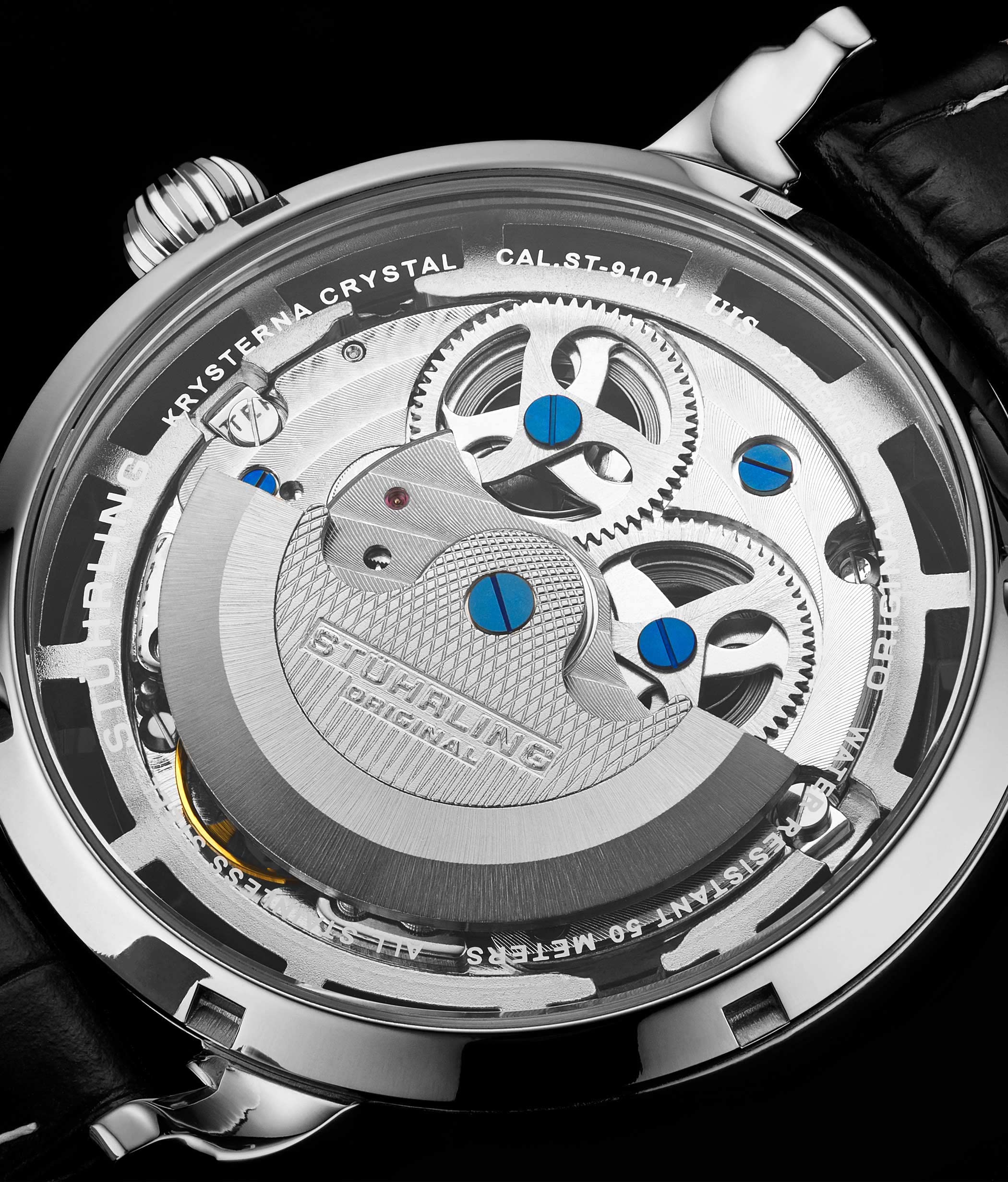 Stuhrling Original Legacy Men's Automatic Watch Stainless Steel 46 MM Case Genuine Leather Strap Watch Black (Silver)