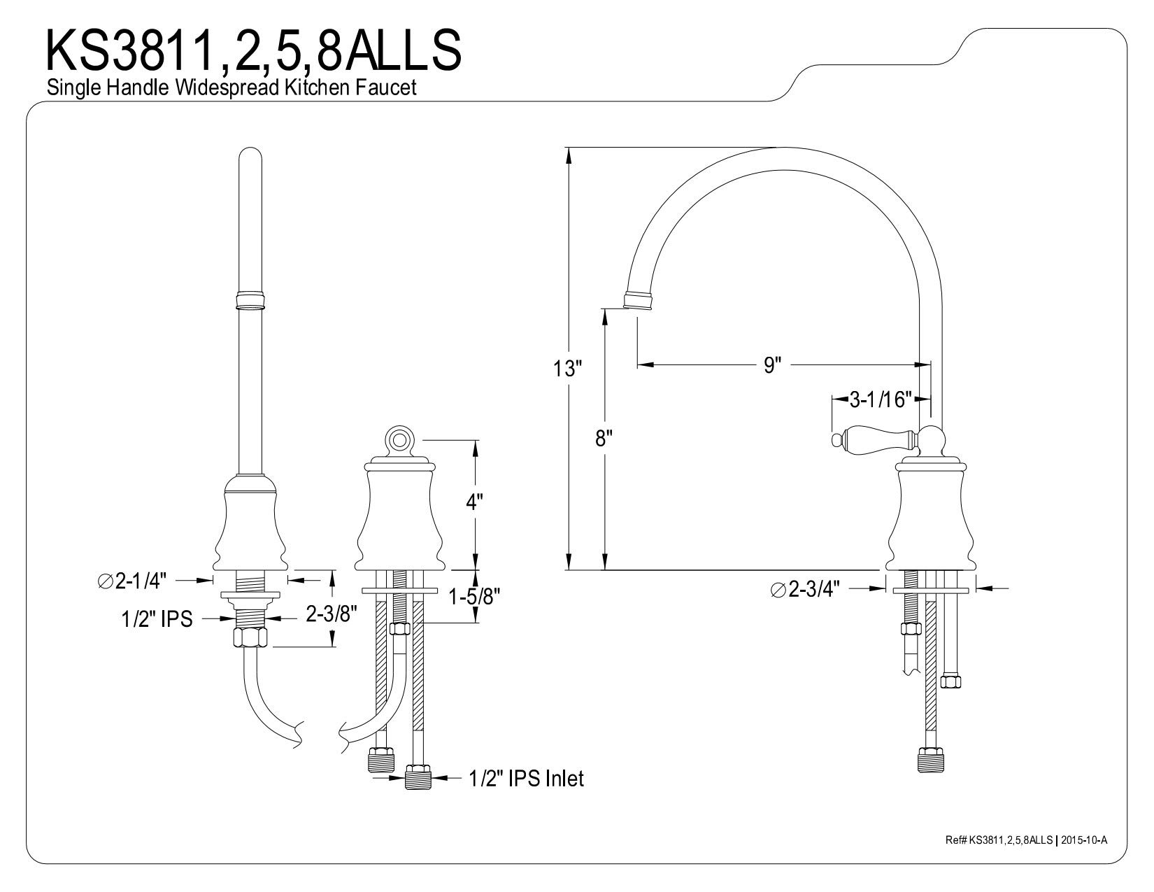 Kingston Brass KS3818ALLS Widespread Kitchen Faucet without Sprayer, 9", Brushed Nickel