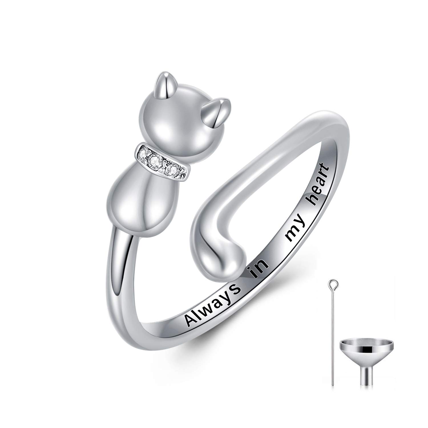 Cat Kitten Cremation Ring Jewelry for Pet Ashes 925 Sterling Silver Urn Ring Cat Fur Keepsake Memorial Locket Holder for Women (6)