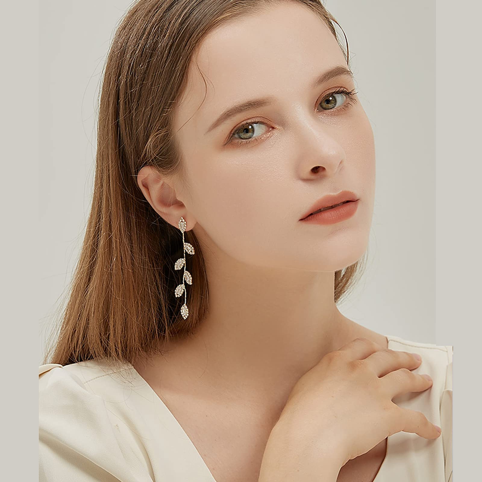 Bridal Earrings for Wedding Rhinestone Dangle Earrings Leaf Earrings Long Earrings Elegant for Women
