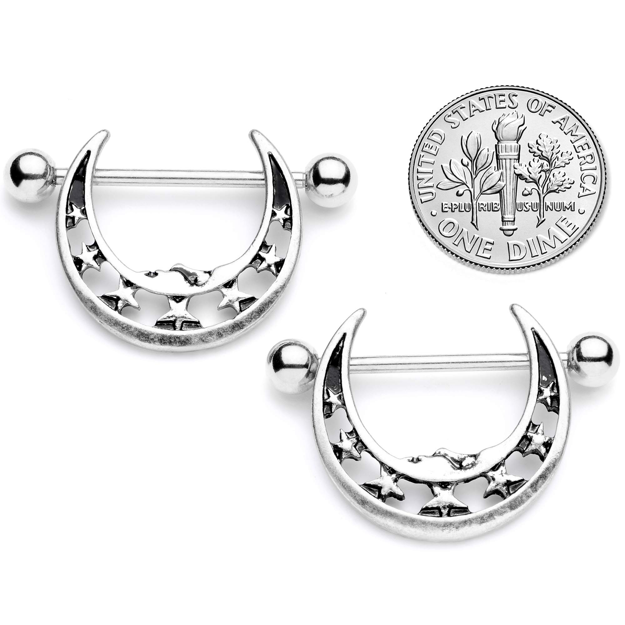 Body Candy 14G Womens Nipplerings Piercing 316L Steel 2Pc Crescent Moon Star Nipple Shield Set 7/8"