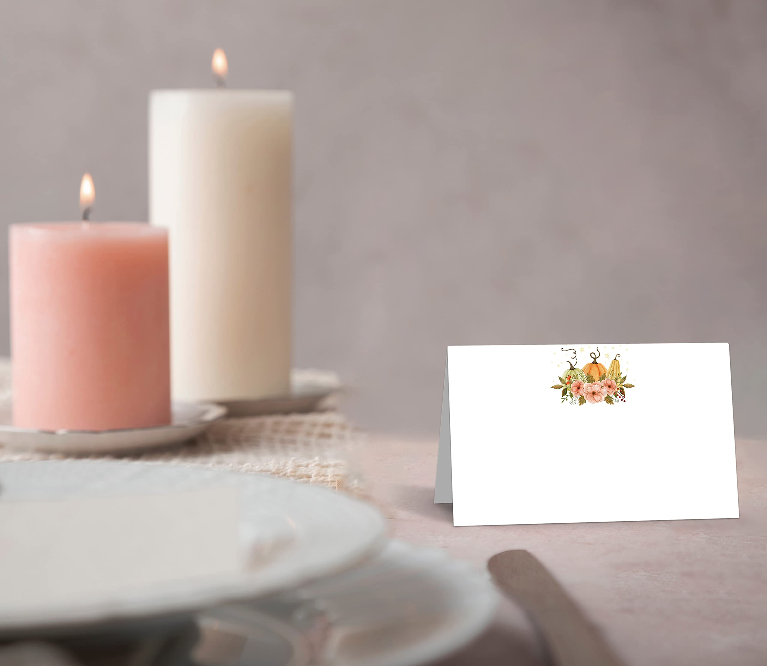 Fall Thanksgiving Table Place Cards, Orange Pumpkin Blank Seating Place Card for Table, 25 Pack Buffet Food Tent Labels, Double Design Name Cards, Thanksgiving Day Party Decorations(01)