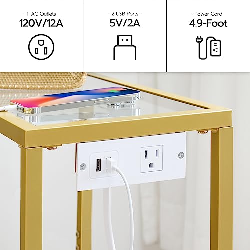HOOBRO End Tables Set of 2, Side Table with Charging Station, 2-Tier Nightstands with Storage Shelves, Small Space Bedside Table, Telephone Table, Tempered Glass, Living Room, Gold GD56UBZP201