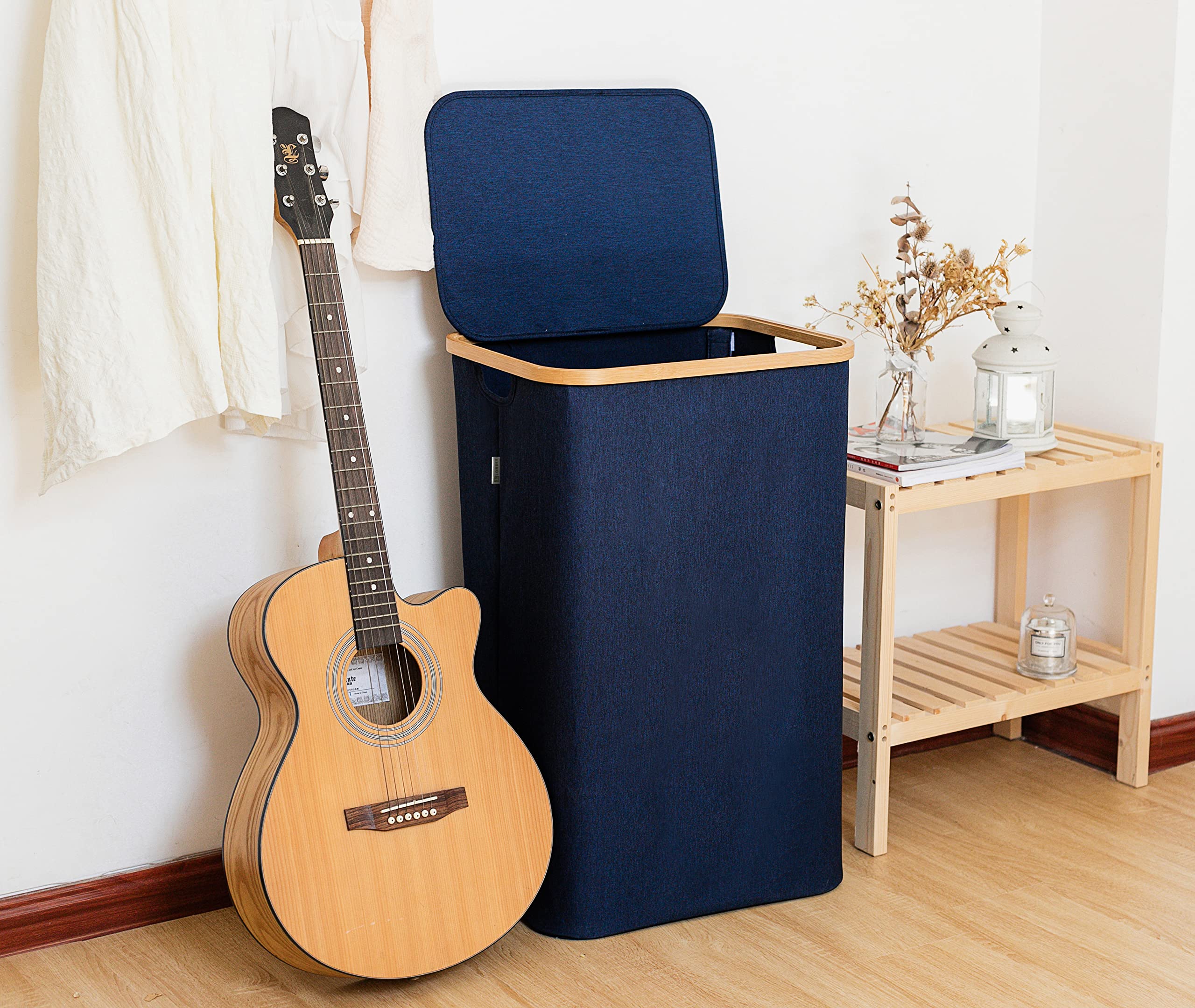 Lonbet - Laundry Hamper with Lid Cover - Sturdy Tall Bamboo Laundry Basket Clothes Organizer - Aesthetic Bedroom Fabric Bin - Big Bathroom Dirty Clothes Hamper - Removable Bag - XL 100 Liters - Blue