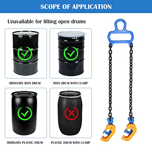 POWLAB Upgraded Chain Drum Lifter Load Capacity 1 Ton with Carbon Steel Lifting Chain and Widen Hook for Crane/Forklift Hoist Crane Metal/Plastic Barrel Lifting 55 Gallon Drums Double Lifting Chains