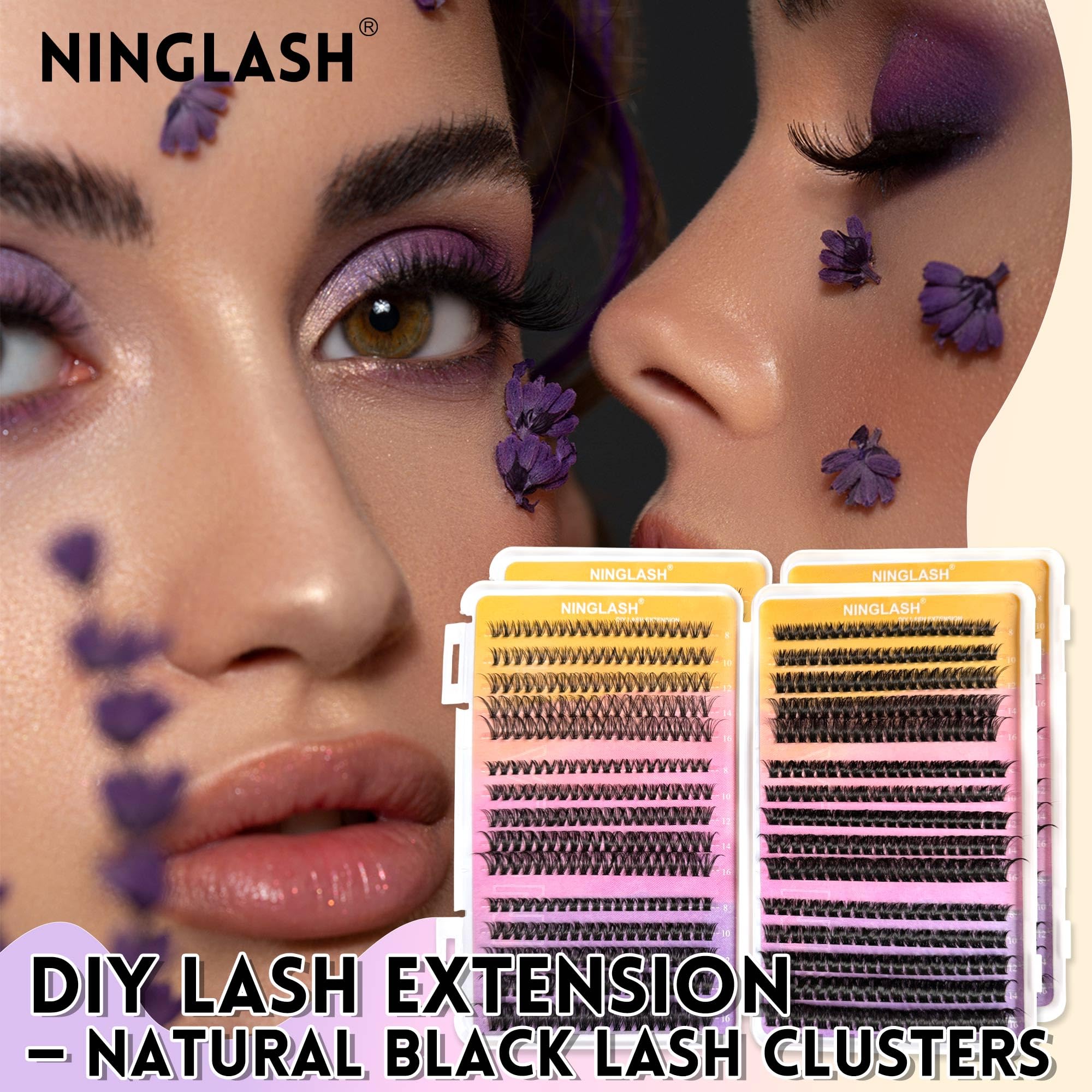 Clear Band Lashes Clusters Ninglash R3 D Curl DIY Eyelash Extension, 56 Pcs Individual Lashes Extensions, Soft Natural Lightweight 10/12/14/16mm Mix Resuale Eyelash Cluster Lashes for Home use …