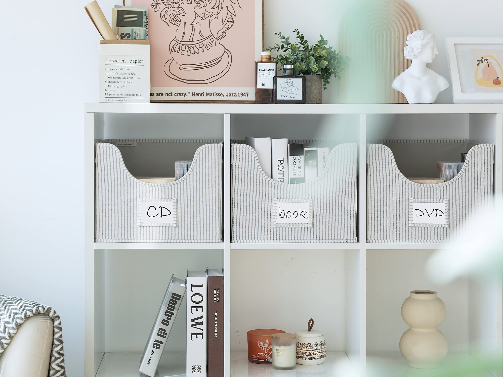 StorageWorks Closet Storage Bins, Closet Shelf Organizers, Fabric Storage Bin, Closet Organizer Bins with Cutout Window and 2 Handles, Clothes Storage Organizer, Medium, Grey and White Stripes, 3-Pack